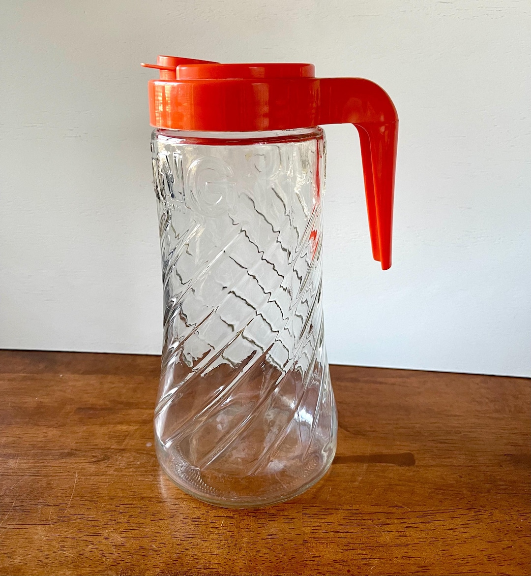 Vintage TANG Glass Pitcher With Orange Plastic Screw Lid With Handle ...