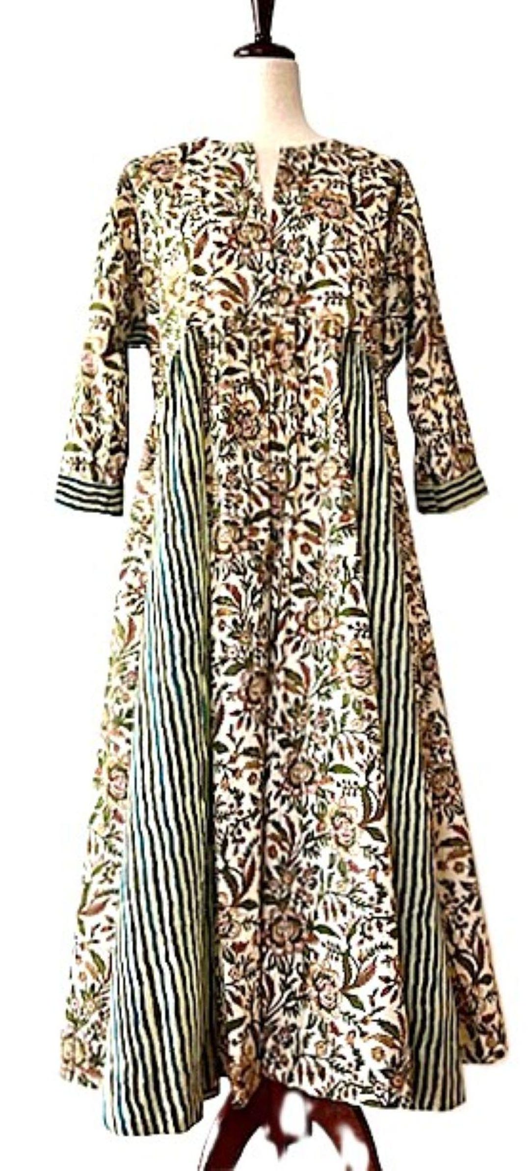 Dresses: Midi Block Print Floral Cotton With Inset Panels (green) - Etsy