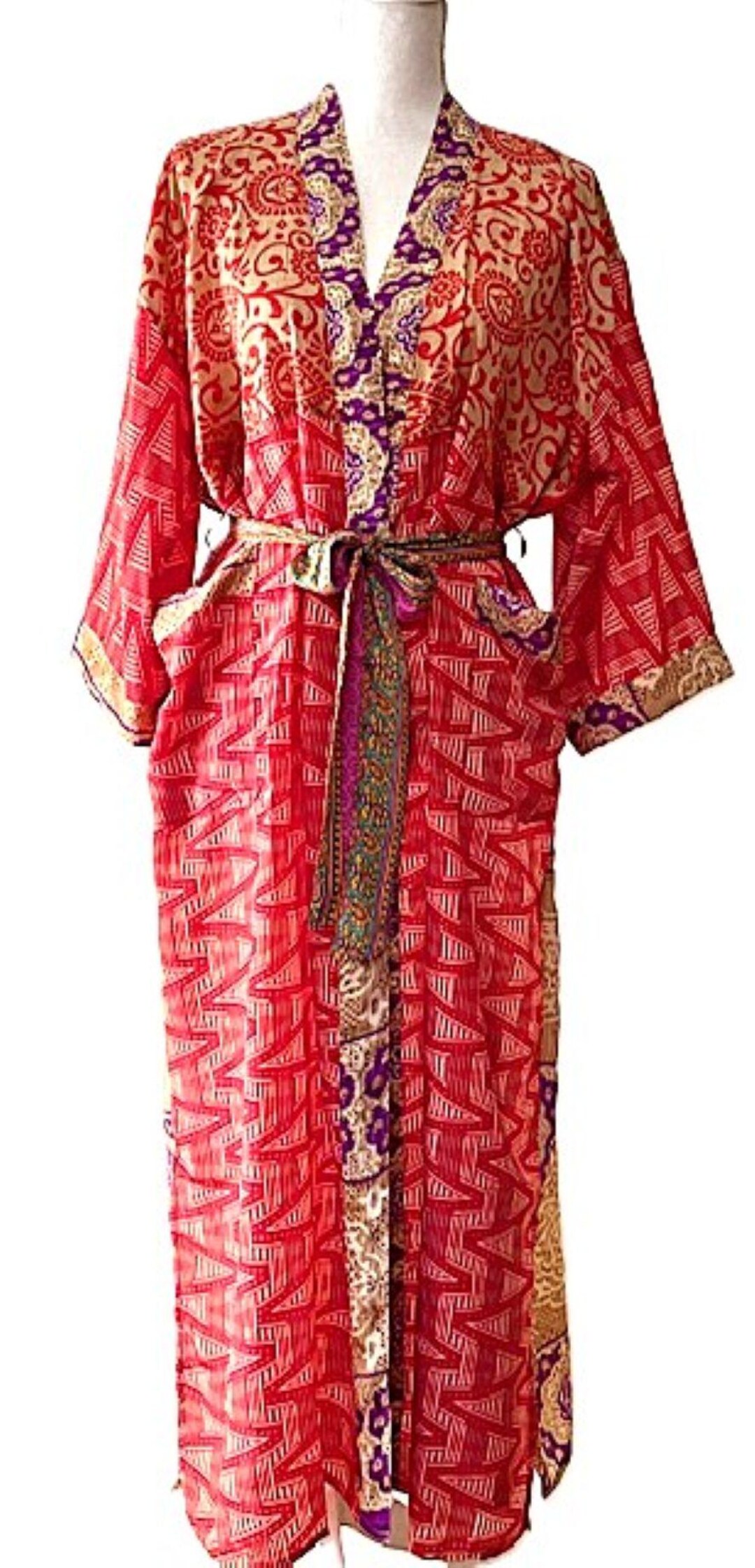 Long Silk Kimono Duster, Elegant Complex Mixed Print and Elegant (pink ...