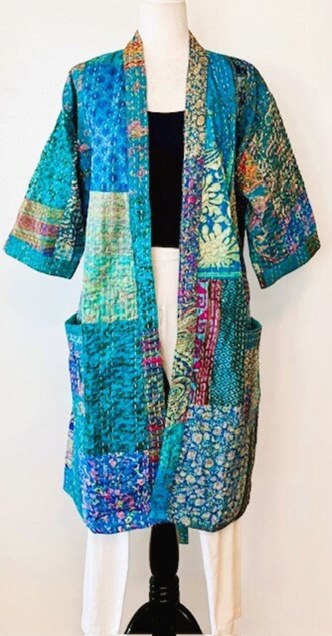 Short Patchwork Cotton and Silk Kimono With Kantha Embroidery ...
