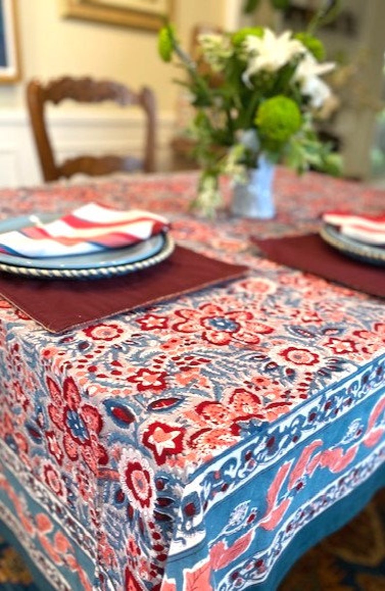 Dramatic Block Print Floral Tablecloth is on Trend. Bold, Strong Colors ...