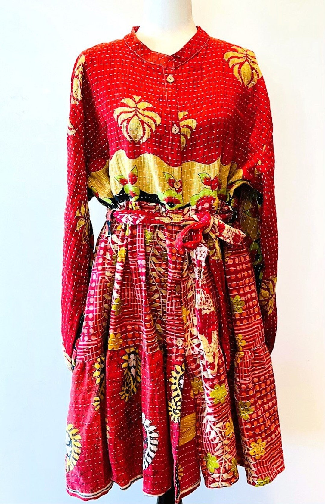 Luminous Mixed Print Mini Dress, Kantha Embroidered red - Etsy