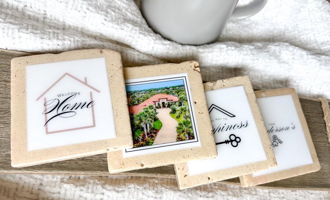 Custom Designed Travertine Coasters for Realtor Closing Gift or House ...