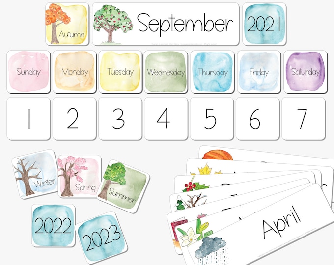 ENGLISH Classroom Calendar, Watercolor Homeschool Printable, Early ...