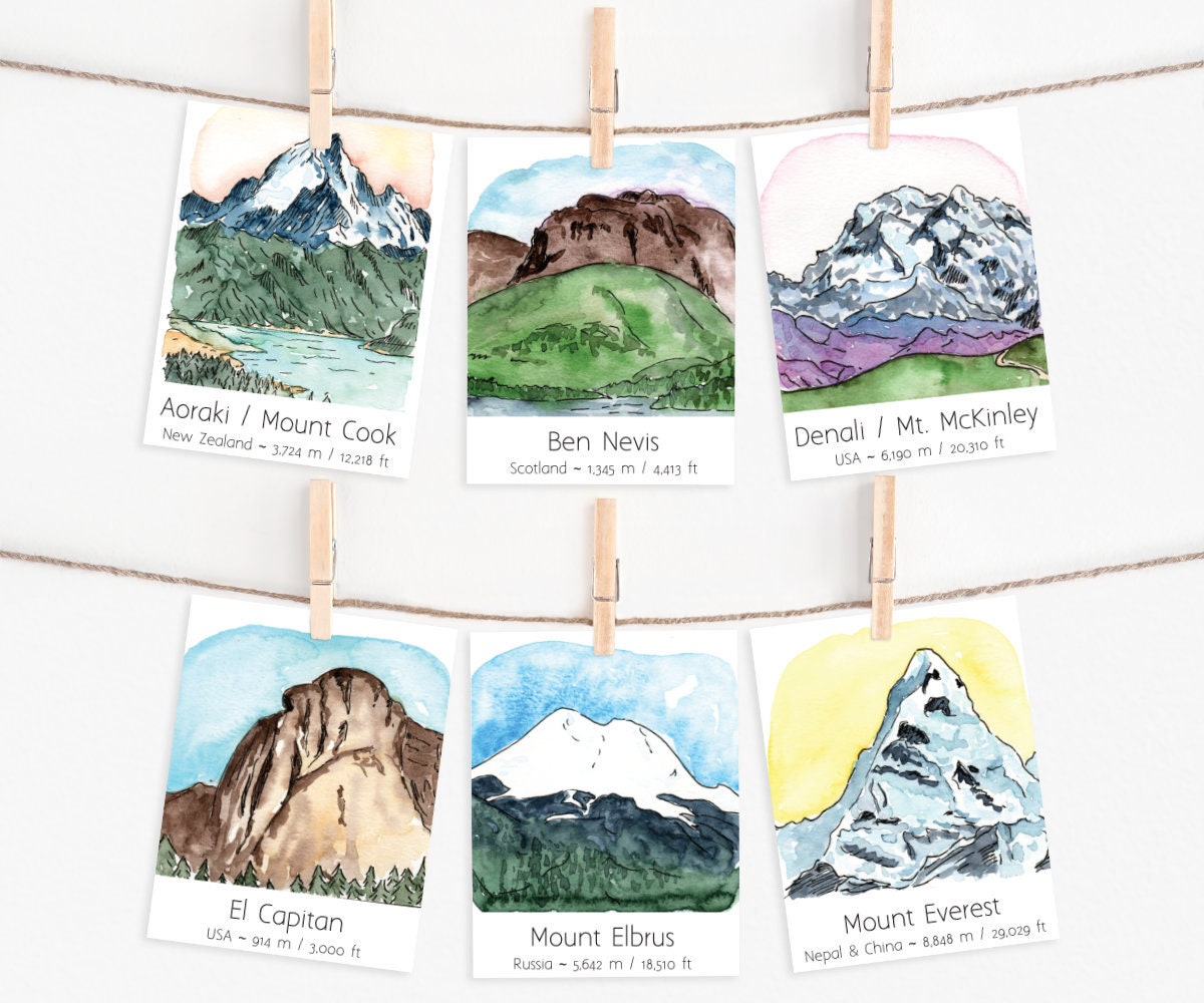 Mountains of the World Watercolor Flashcards Art Prints and - Etsy ...