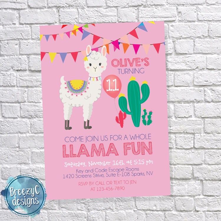 Llama Birthday Invitation, Digital File, Cactus Llama - Etsy