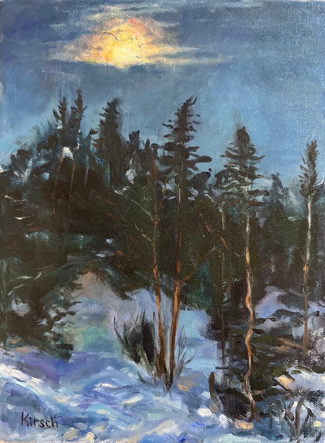 Original Oil, Nocturne, Landscape Painting, "moonlit Mountain in Snow ...
