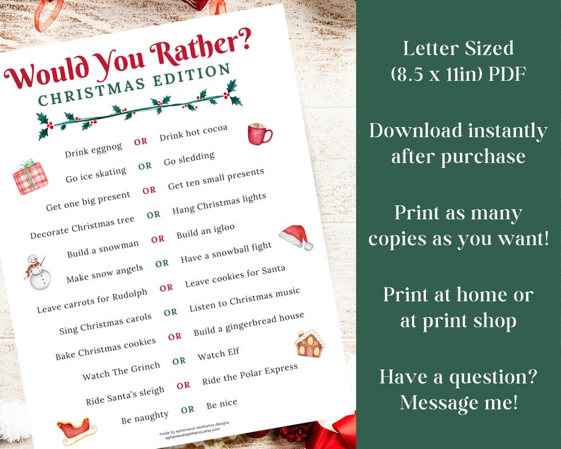 Christmas Would You Rather Game, Christmas This or That Game, Printable ...
