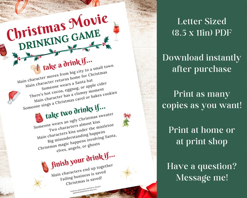 Christmas Movie Drinking Game, Hallmark Movie Drinking Game, Holiday ...