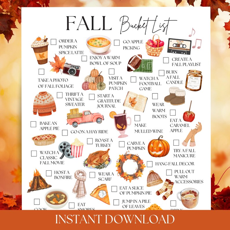 Printable Fall Bucket List, Watercolor Fall Bucket List, Illustrated ...