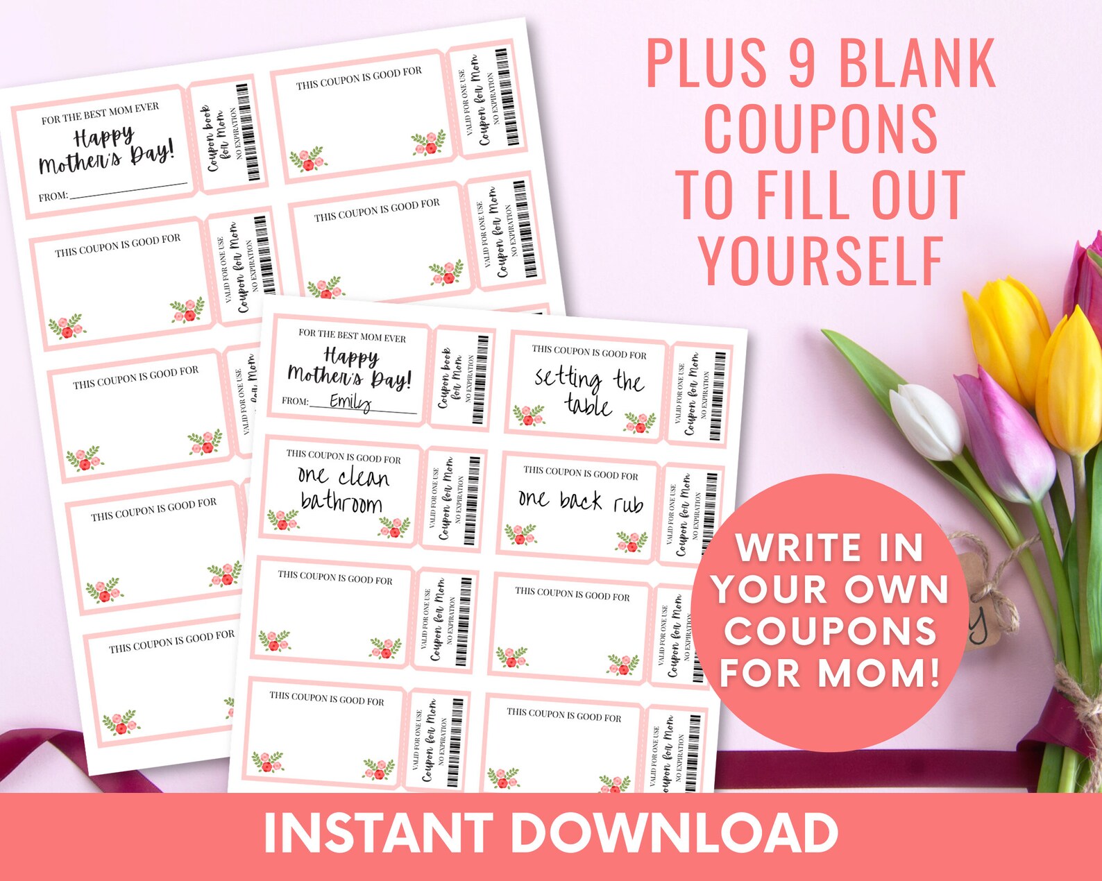 Printable Mother's Day Coupons, Mother's Day Coupon Book, Mother's Day ...
