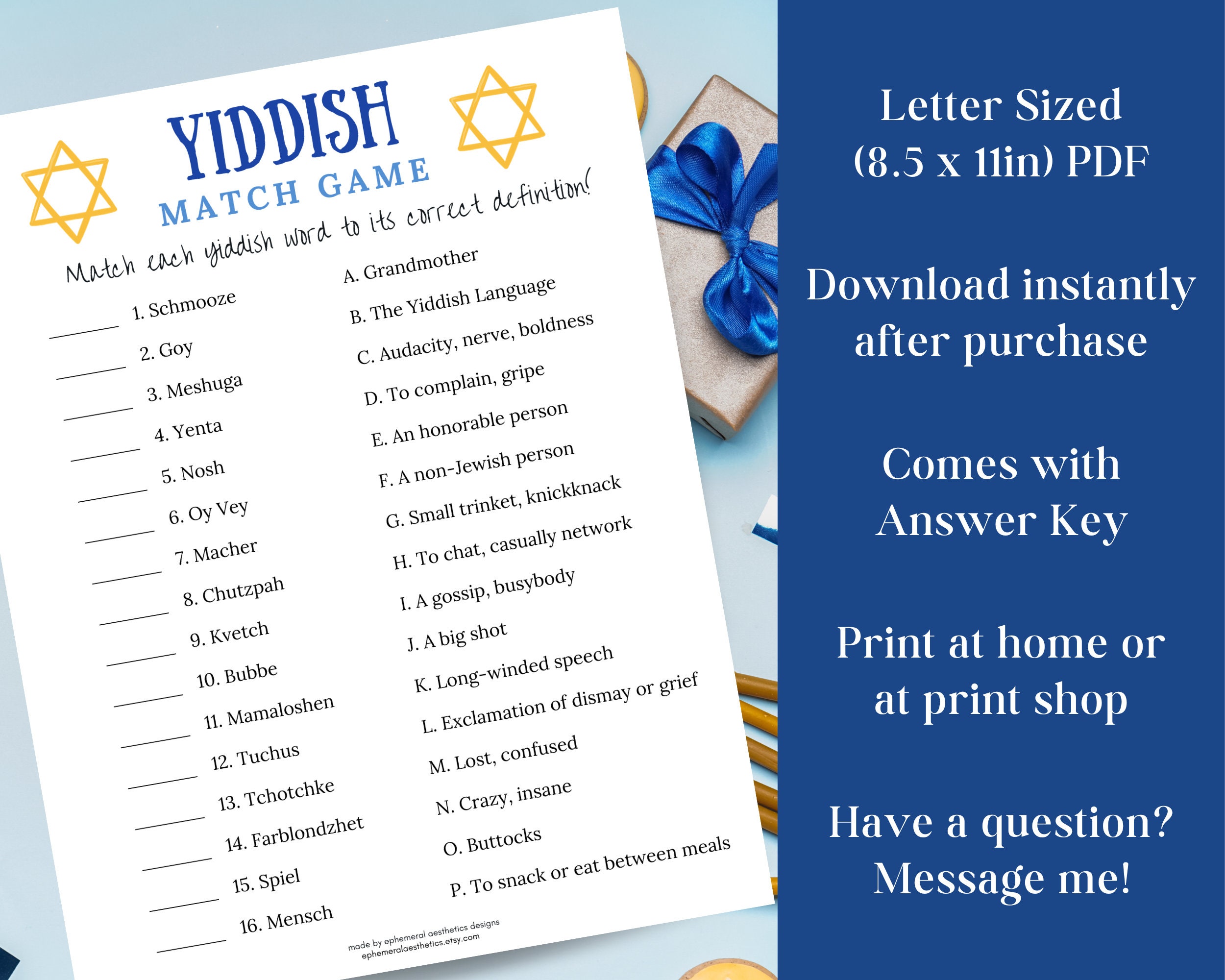 Yiddish Match Game, Jewish Game, Jewish Printable, Jewish Holiday Game ...