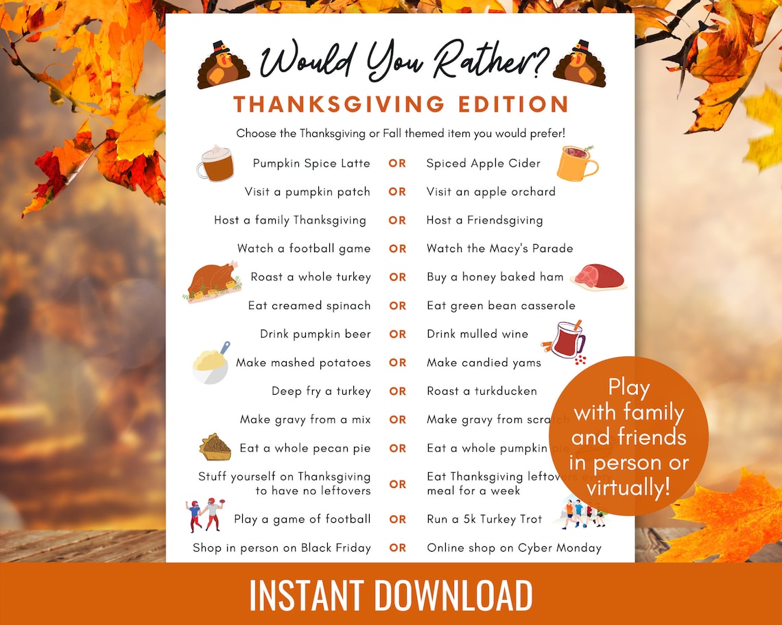 Thanksgiving Would You Rather Game, Thanksgiving Game for Adults ...