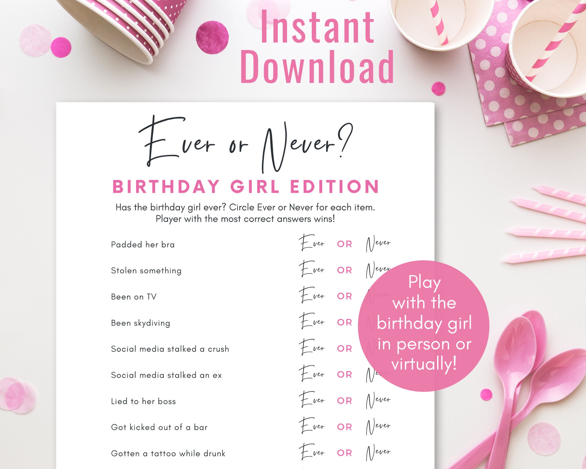 Ever or Never Birthday Game Adult Birthday Party Game | Etsy