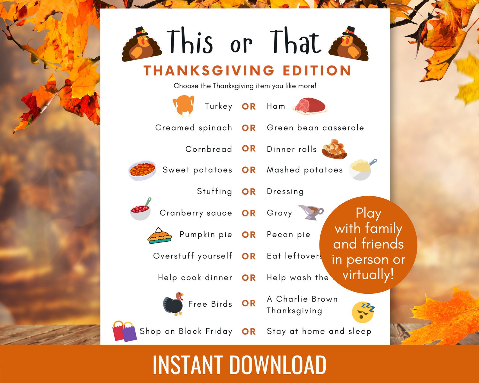 Thanksgiving This or That Printable, Thanksgiving Kids Game ...