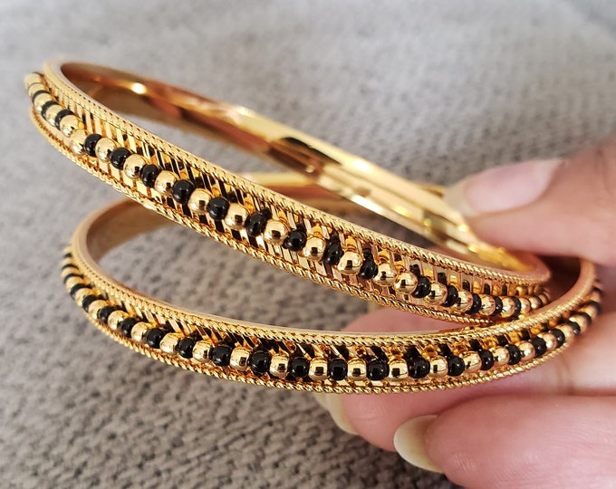 Black Beads Bangles Set, 2 Bangle Set, 22k Gold Plated, Bracelet Set ...