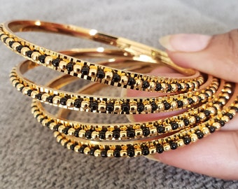 Black Beads Bangles Set 4 Bangle Set 22k Gold Plated Black | Etsy