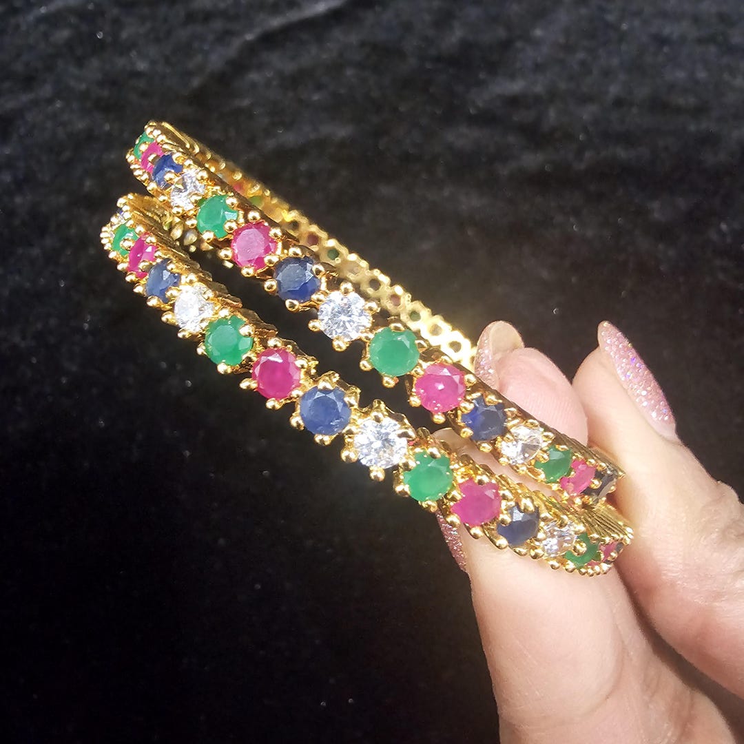 Navaratna Bangles Set, 2 Bangle Set, 9 Stones Bangles With 22k Gold Plated, Bangles Set, Wedding ...