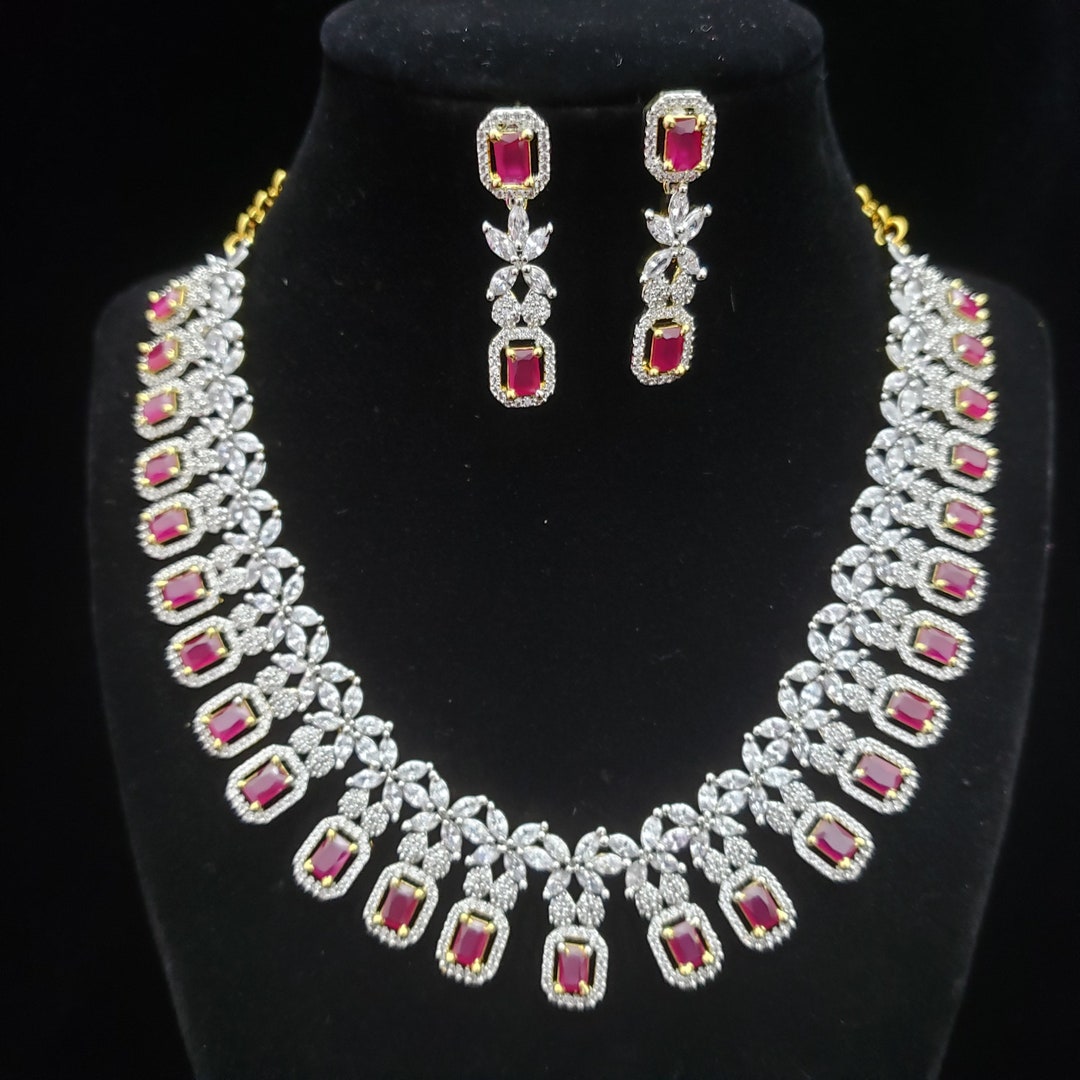 Ruby and CZ Necklace, American Diamond, Bridal Jewelry, Semi Precious ...