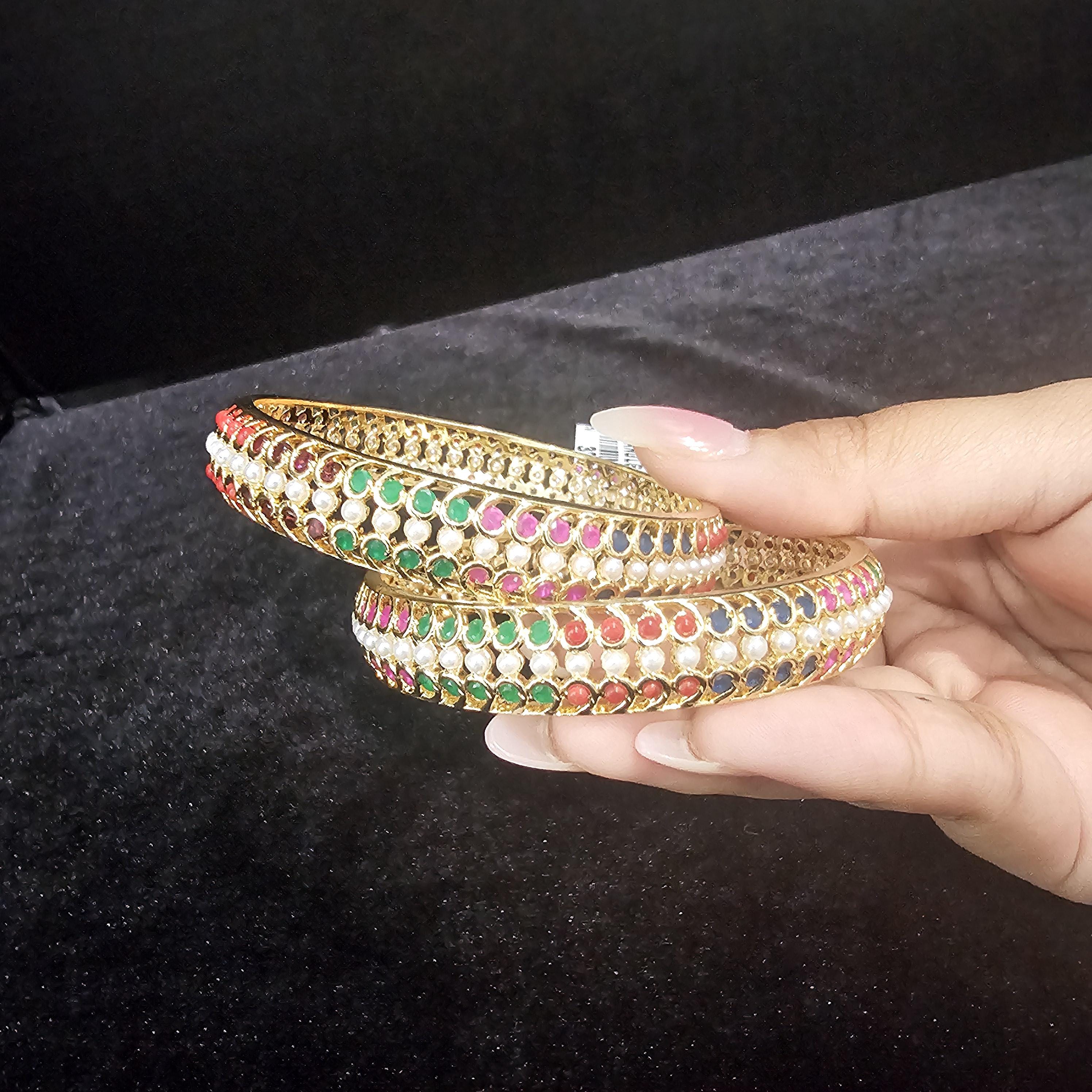 Navaratna Bangles, Set of 2, 9 Stones, Ruby, Emerald, Coral Pearl ...