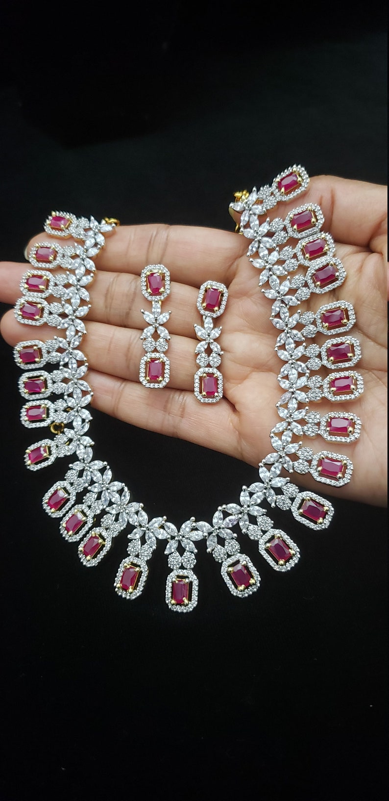 Ruby and CZ Necklace, American Diamond, Bridal Jewelry, Semi Precious ...