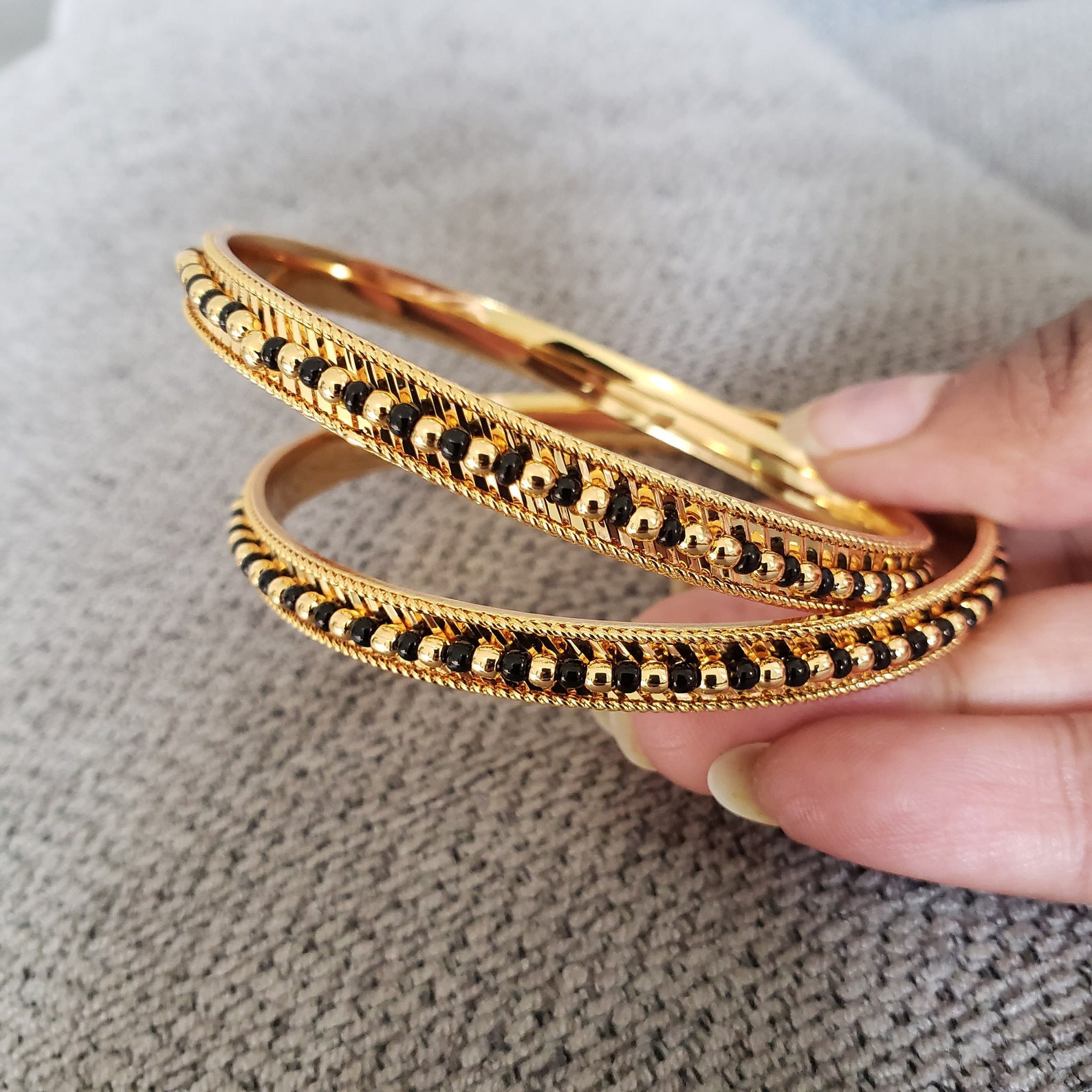 Black Beads Bangles Set, 2 Bangle Set, 22k Gold Plated, Bracelet Set ...