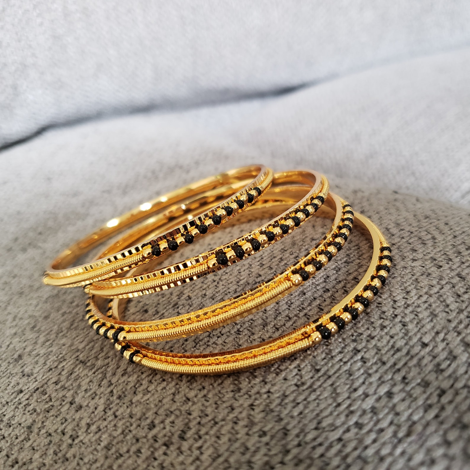 Black Beads Bangles Set 4 Bangle Set 22k Gold Plated Black | Etsy