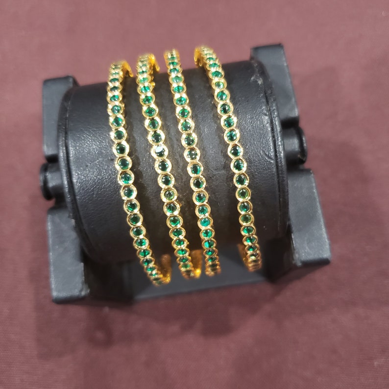 Green Pota 4 Bangle Set, 22k Gold Plated, Semi Precious Emerald Bangles ...