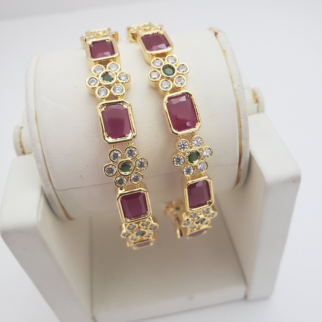Ruby Bangles Set, 2 Bangle Set, 22k Gold Plated, White CZ and Semi ...