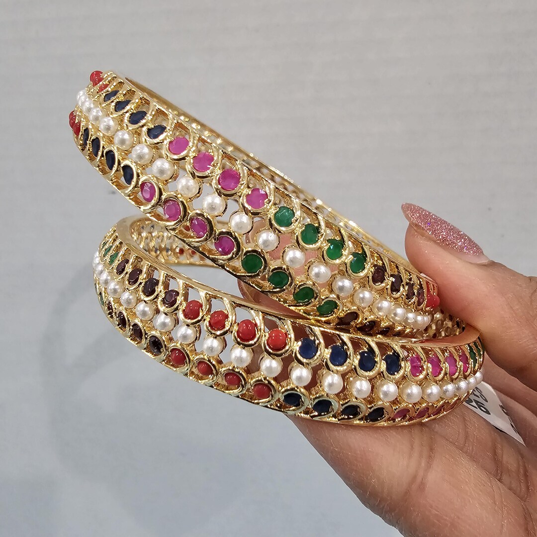 Navaratna Bangles, Set of 2, 9 Stones, Ruby, Emerald, Coral Pearl ...