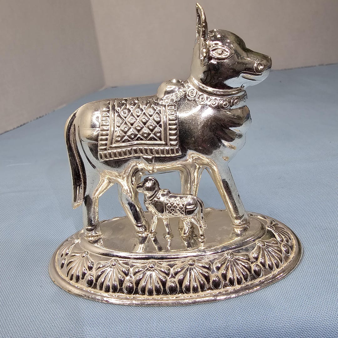 Real Silver Cow and Calf Idol, Housewarming Decor, Pure Silver Gowmatha ...