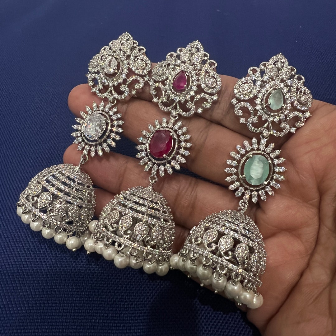 Silver Color Jumka, Indian Jewelry, Semi Precious Ruby and Emeralds ...