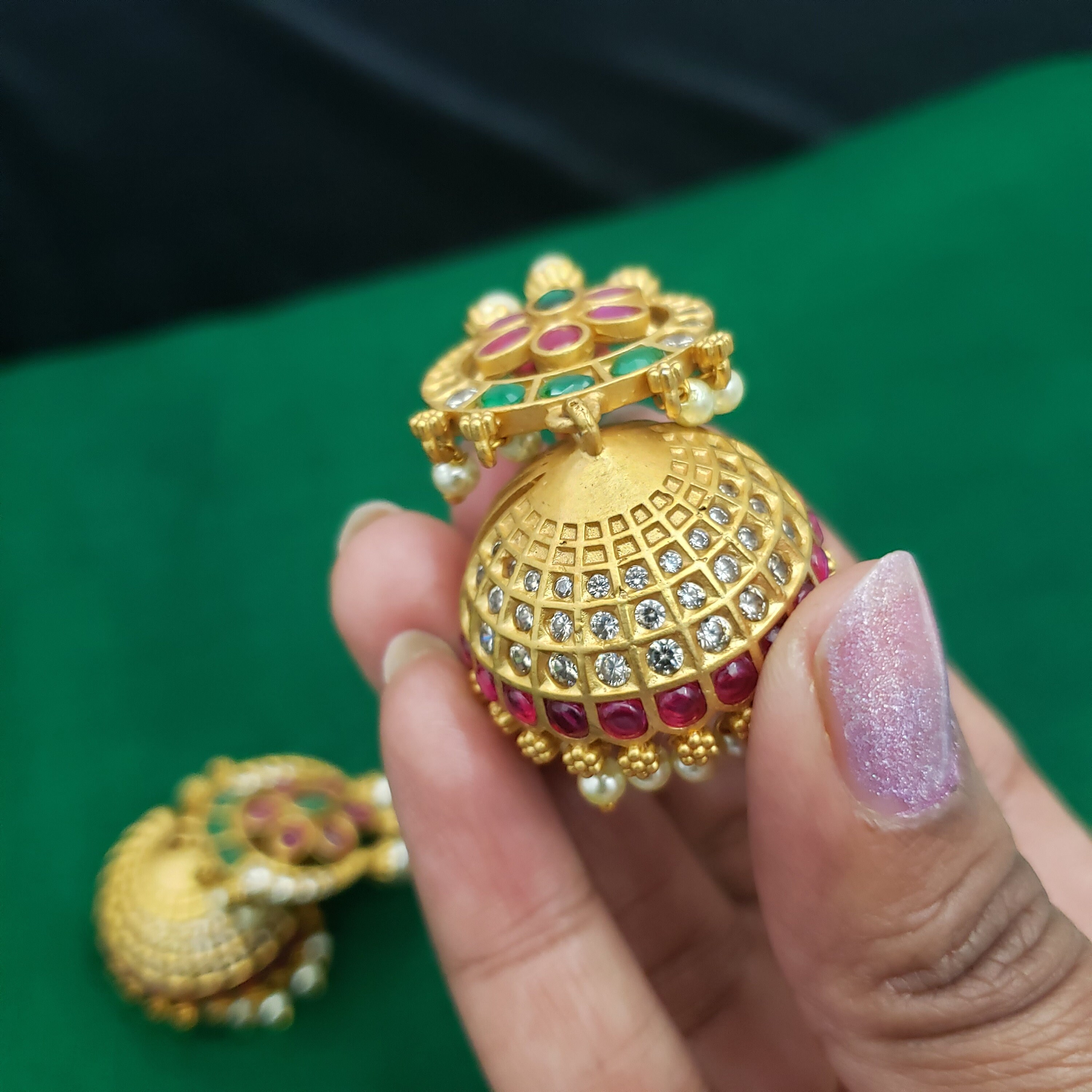 Uncut Pattern Jumkas With Pota Stones, Ethnic Jewelry, Buttalu, Jumkas ...