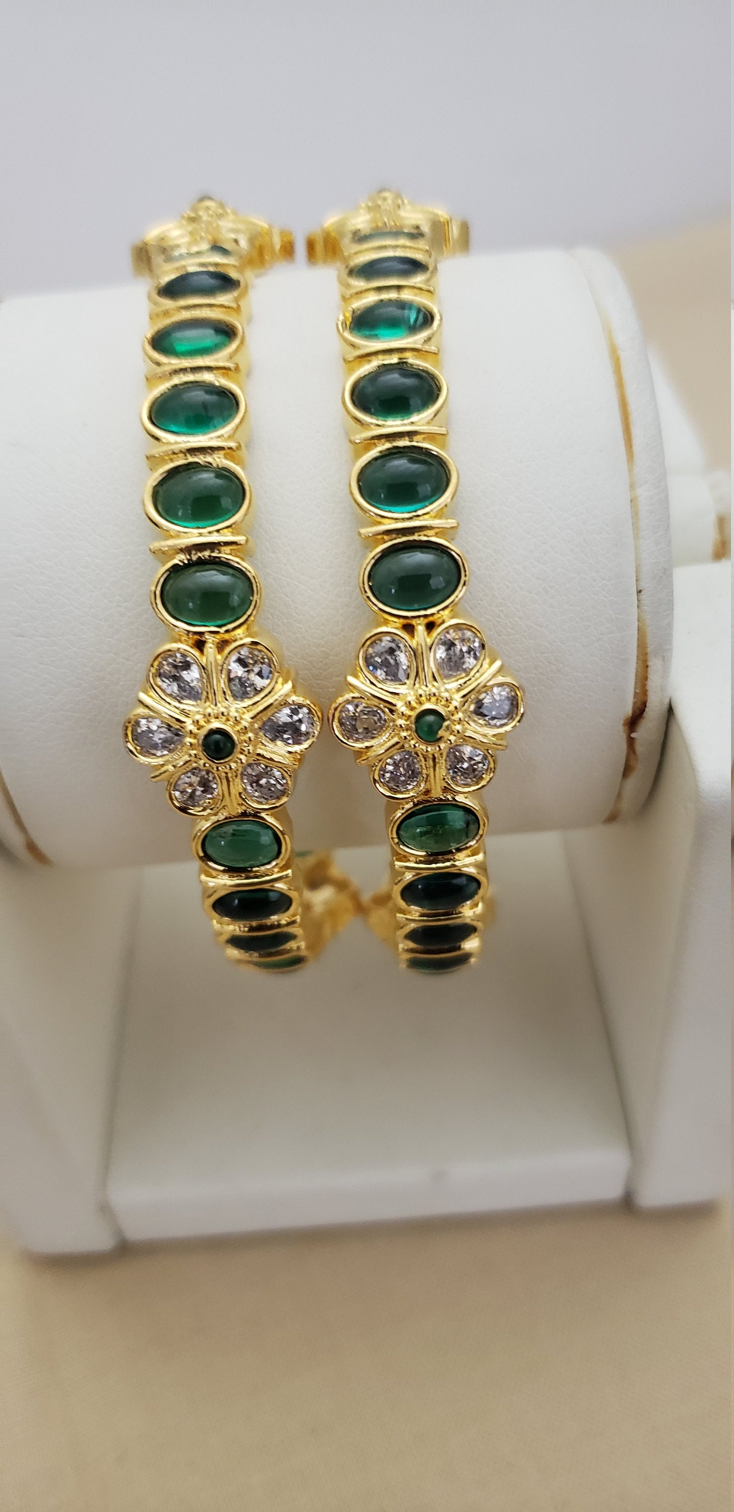 Green Bangles Set, 2 Bangle Set, 22k Gold Plated, American Diamond ...