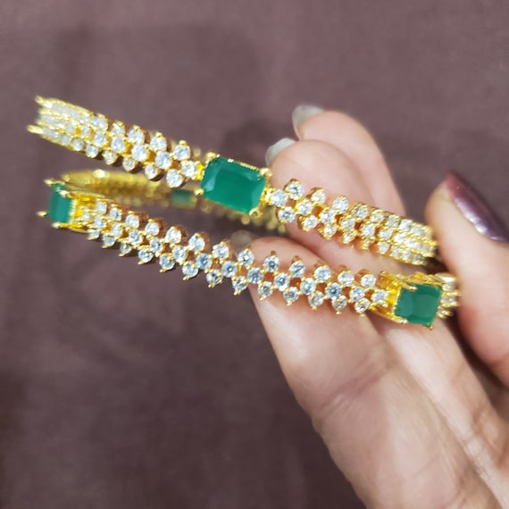 Green Bangles Set 2 Bangle Set 22k Gold Plated White CZ - Etsy New Zealand