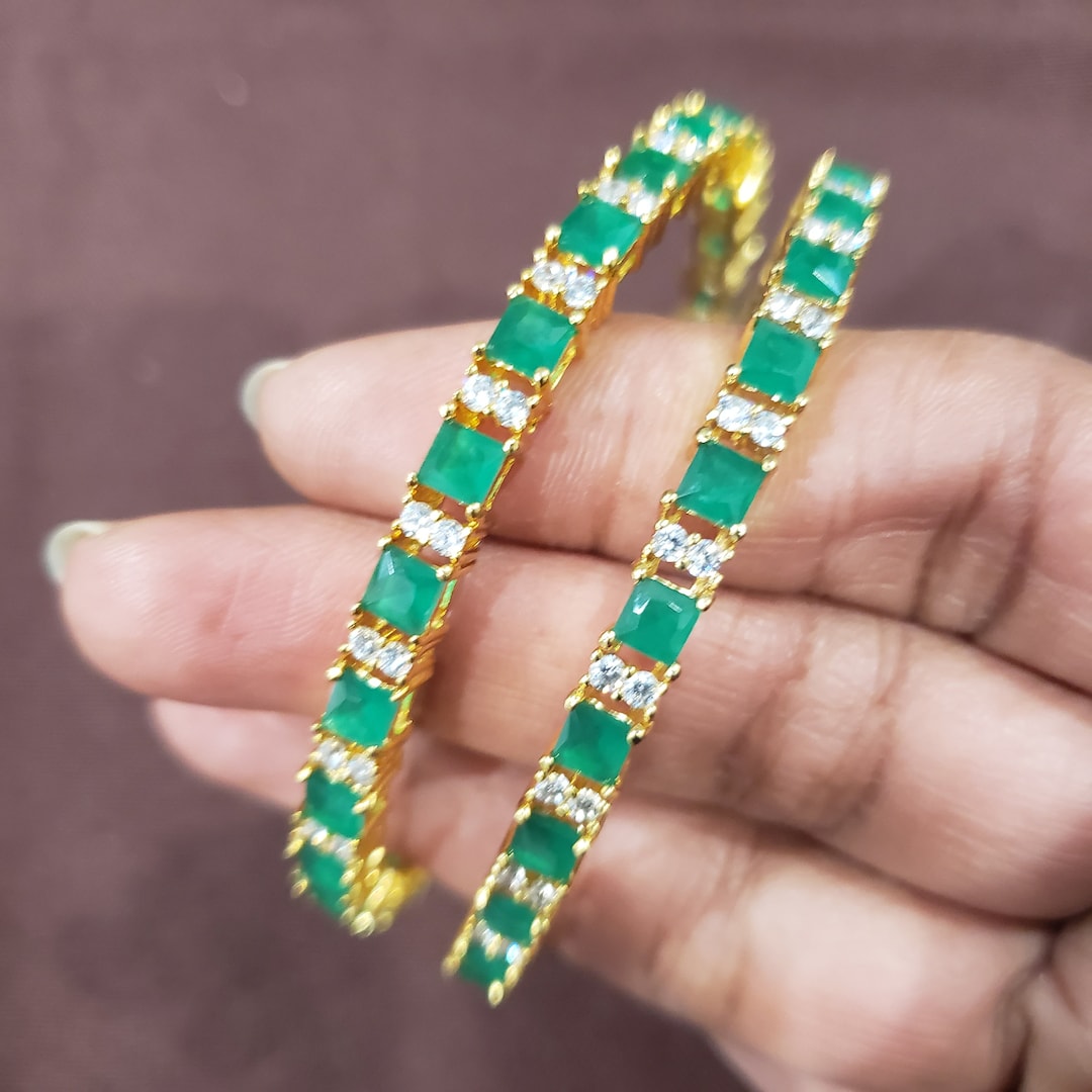 Emerald Stones Indian Bangles, Set of 2 Czs Emerald Bangles, Wedding ...