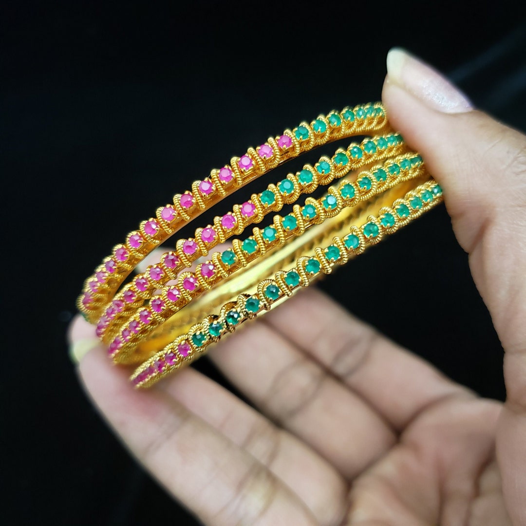 Indian Bangles Set, 4 Bangle Set, 22k Gold Plated, Traditional Green ...