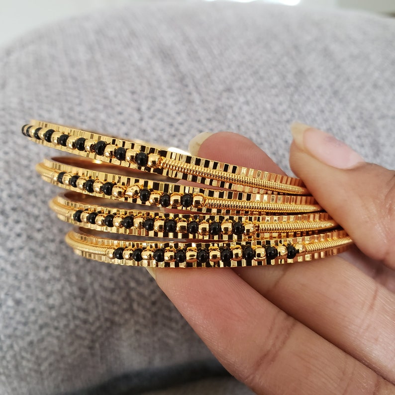 Black Beads Bangles Set, 4 Bangle Set 22k Gold Plated Black Beads ...