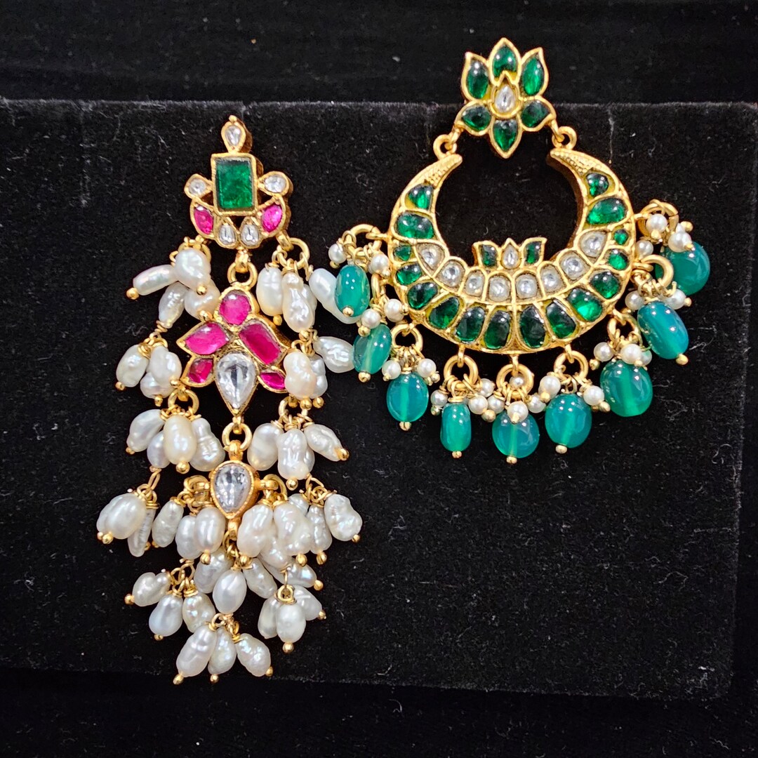 92.5 Silver Kundan Earrings, Green Pumpkin Beads With Pink Kundans ...