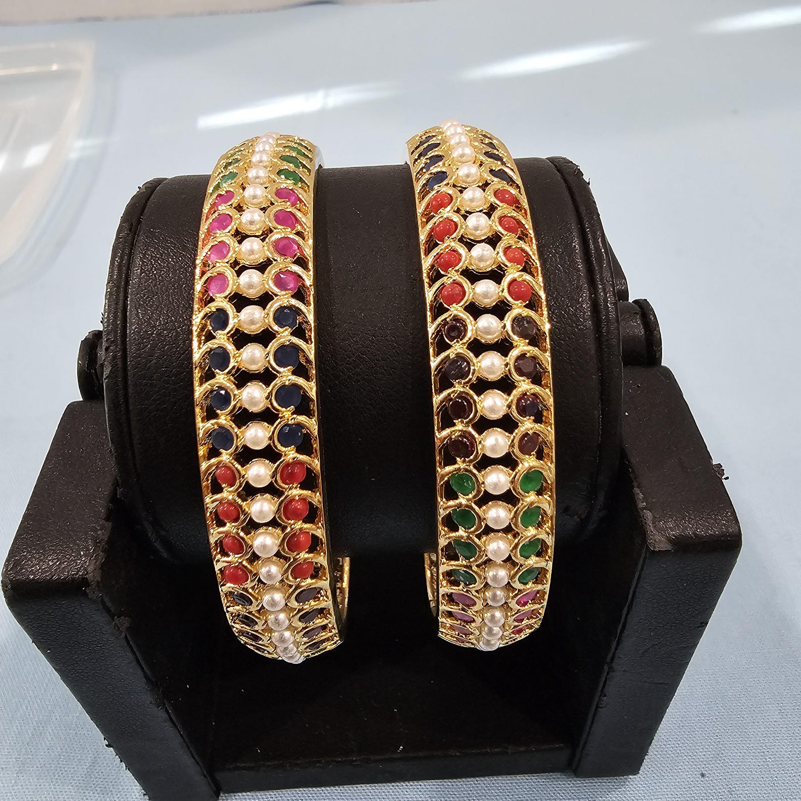 Navaratna Bangles, Set of 2, 9 Stones, Ruby, Emerald, Coral Pearl ...