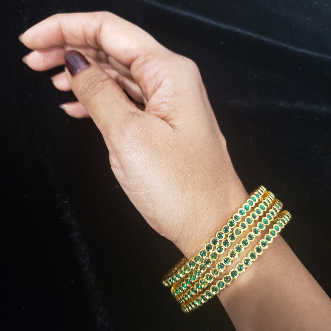 Green Pota 4 Bangle Set, 22k Gold Plated, Semi Precious Emerald Bangles ...
