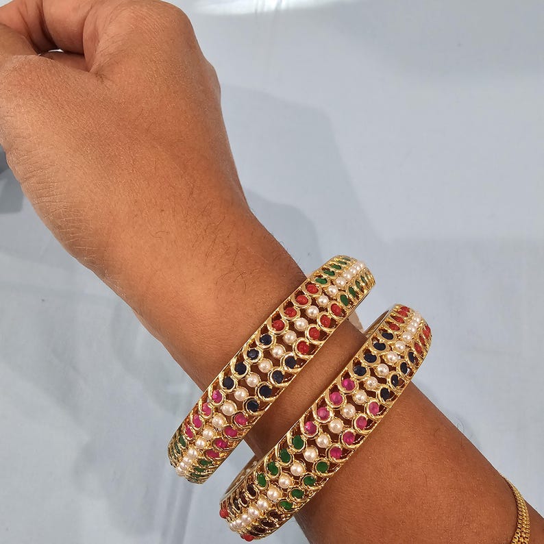 Navaratna Bangles, Set of 2, 9 Stones, Ruby, Emerald, Coral Pearl ...