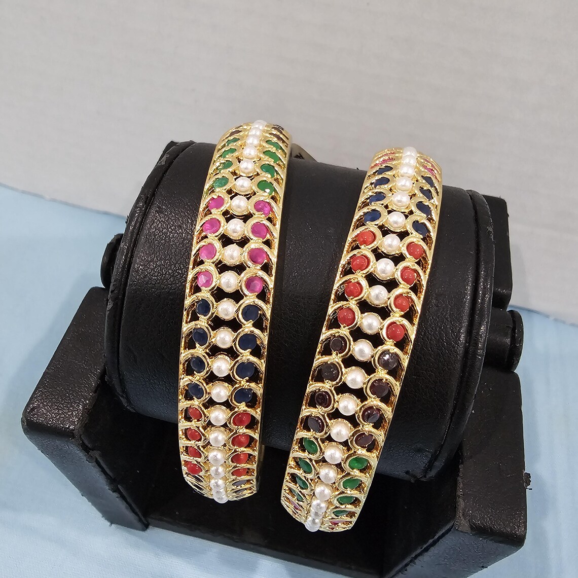 Navaratna Bangles, Set of 2, 9 Stones, Ruby, Emerald, Coral Pearl ...