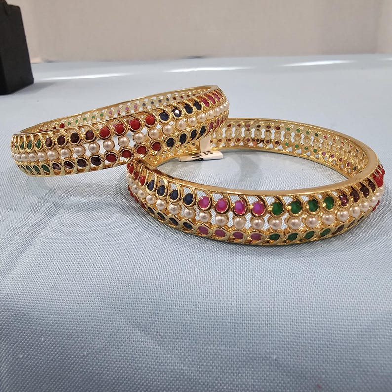 Navaratna Bangles, Set of 2, 9 Stones, Ruby, Emerald, Coral Pearl ...