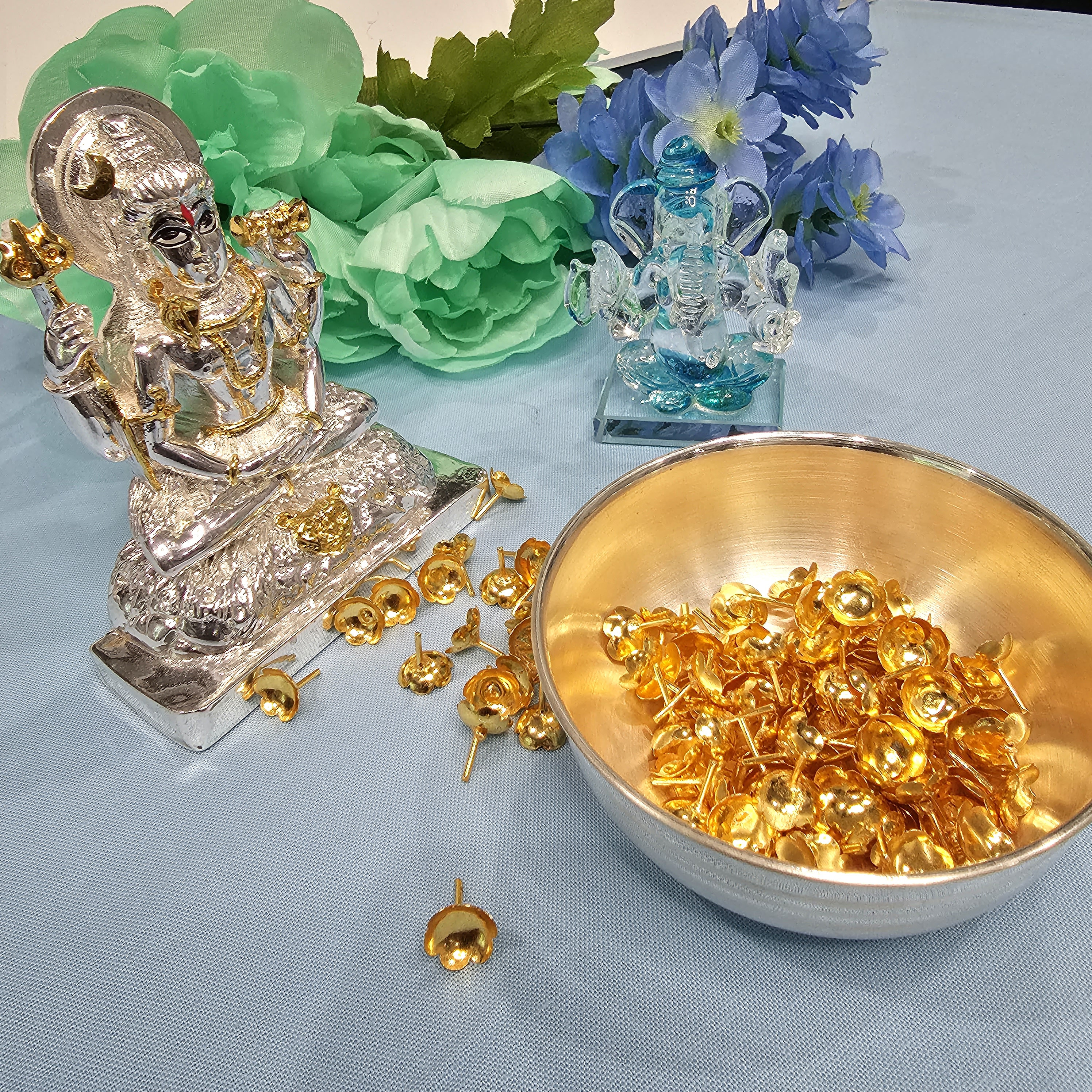 Pure Silver 108 Flowers, 22k Gold Covering Silver Flowers for Pooja ...