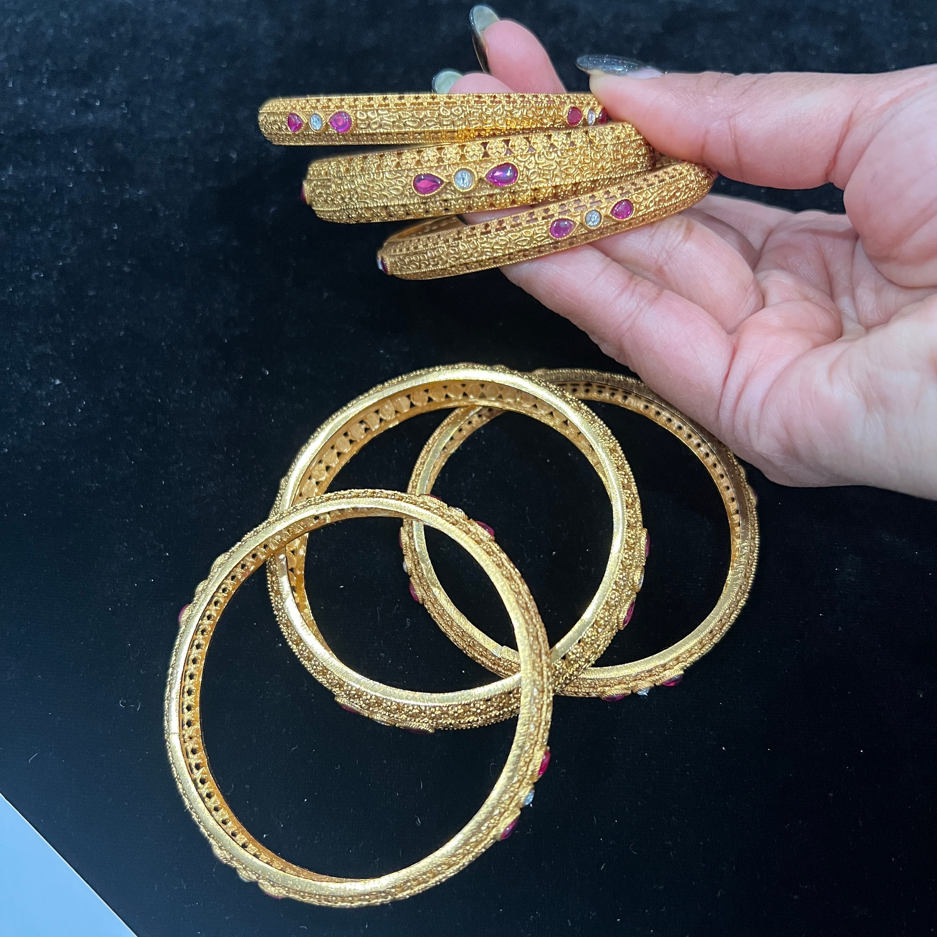 6 Set Bridal Bangles, Antique Finish One Gram Gold Color Bangles ...