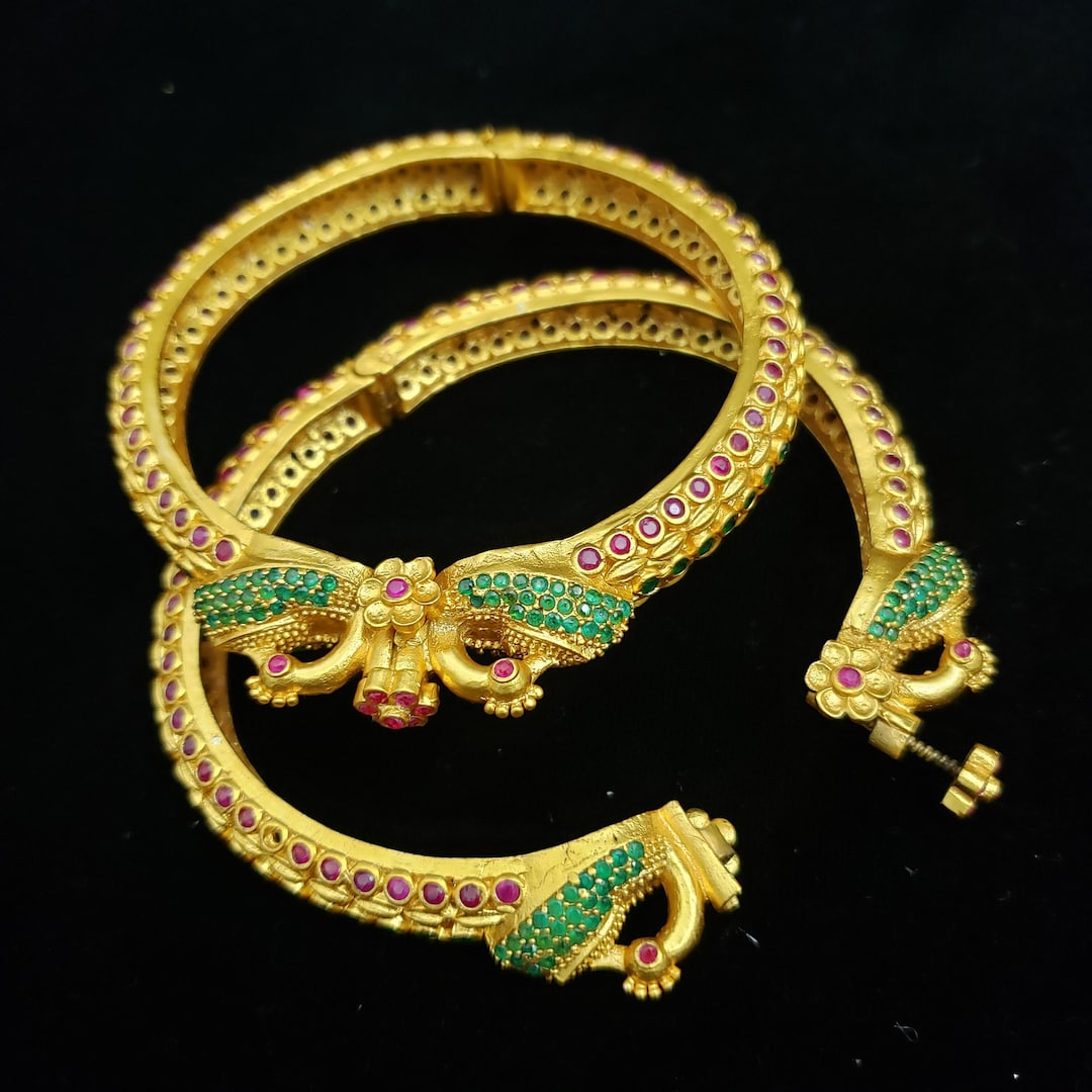 Peacock Pattern Indian Bangles Set, 2 Bangle Set, 22k Gold Plated, Traditional Ruby Bangles, Set ...