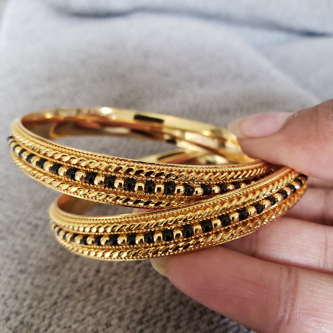 Black Beads Indian Bangles Set, 2 Bangle Set, 22k Gold Plated, Set ...
