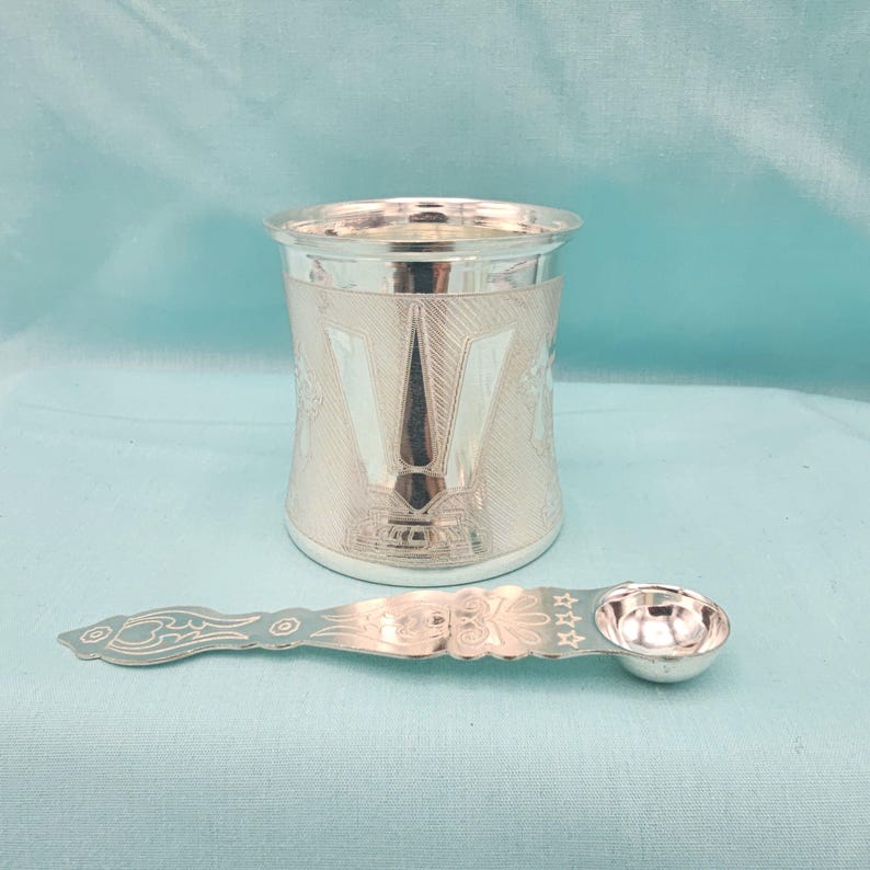 Pure Silver Pancha Patra With Spoon, Shanku Chakra Design, Housewarming ...