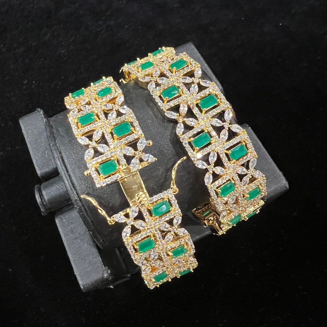 Green Bangles Set, Openable 2 Bangle Set, Semi Precious Emerald Bangles ...